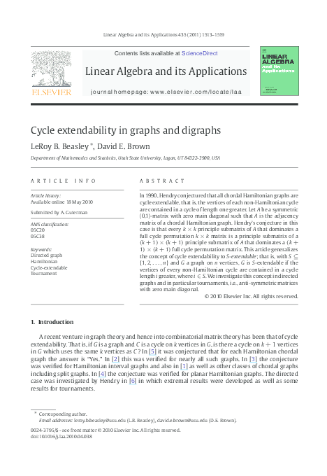 (PDF) Cycle extendability in graphs and digraphs | Leroy Beasley ...