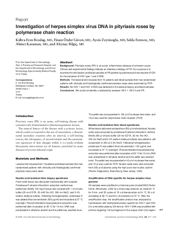 (PDF) Investigation of herpes simplex virus DNA in pityriasis rosea by ...