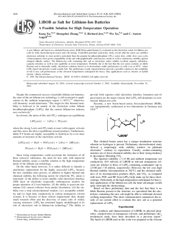 (PDF) LiBOB as Salt for Lithium-Ion Batteries:A Possible Solution for ...