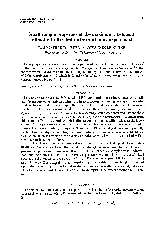Pdf Small Sample Properties Of The Maximum Likelihood Estimator In The First Order Moving