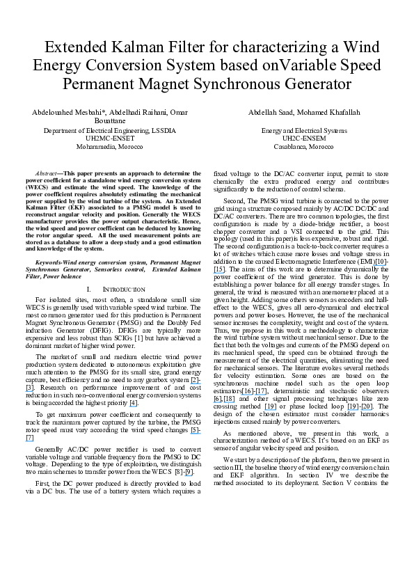 (PDF) Extended Kalman Filter for characterizing a wind energy conversion system based onvariable ...