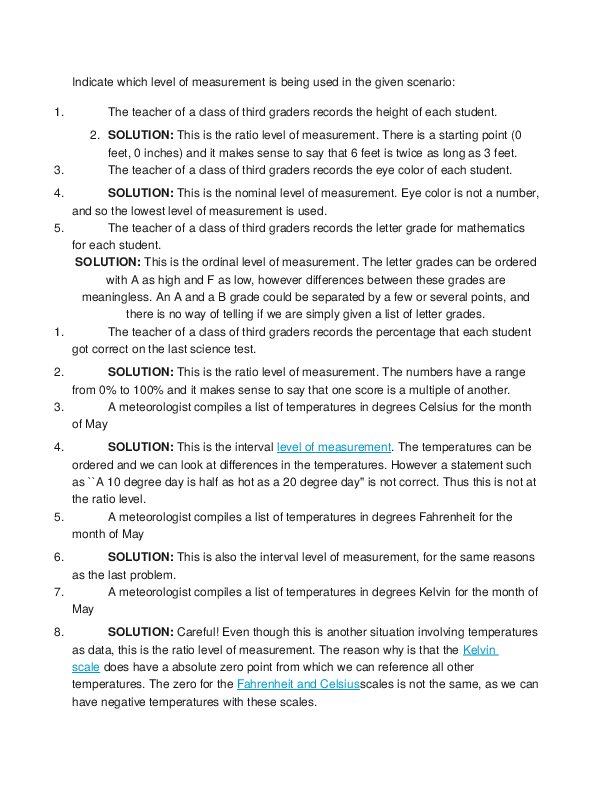 (DOC) Indicate which level of measurement is being used in the given ...