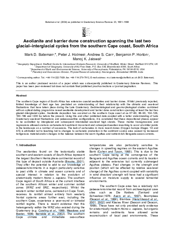 (PDF) Aeolianite and barrier dune construction spanning the last two ...