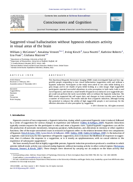 (PDF) Suggested visual hallucination without hypnosis enhances activity ...