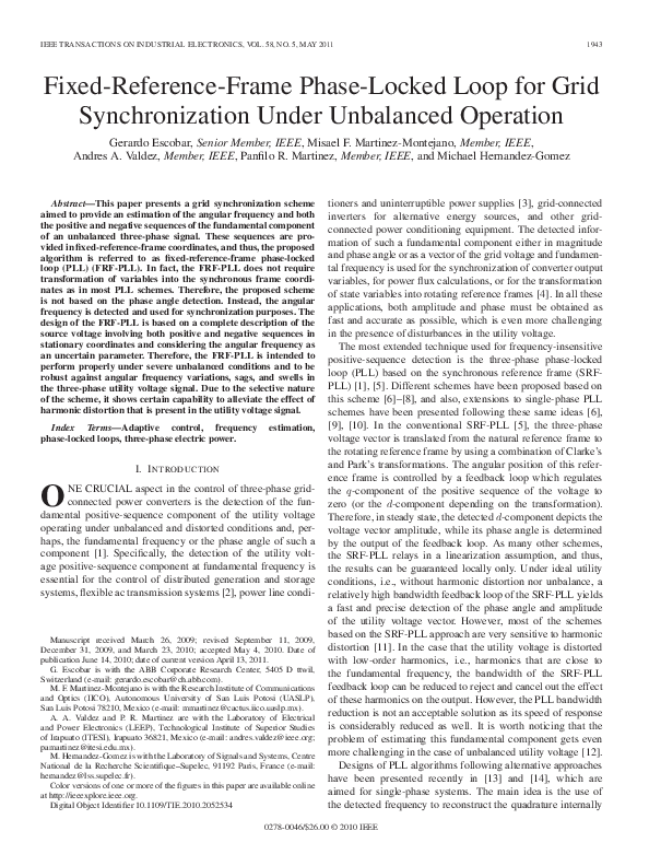 Pdf Fixed Reference Frame Phase Locked Loop For Grid Synchronization
