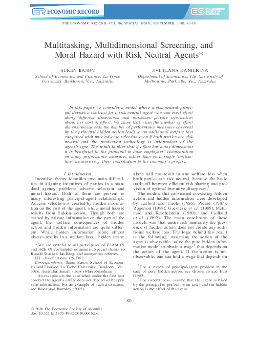 (PDF) Multitasking, Multidimensional Screening, and Moral Hazard with ...