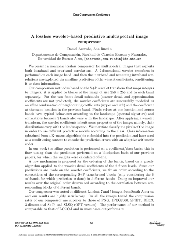 (PDF) A Lossless Wavelet-Based Predictive Multispectral Image Compressor