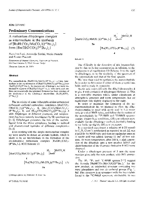 (PDF) A ruthenium dihydrogen complex as intermediate in the synthesis ...