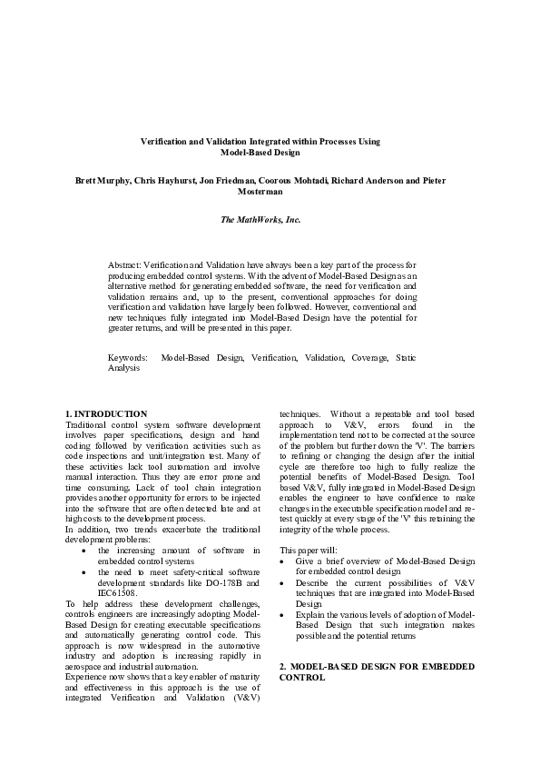 (PDF) Integrated Verification and Validation in Model-Based Design