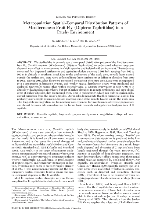 (PDF) Metapopulation Spatial–Temporal Distribution Patterns of Mediterranean Fruit Fly (Diptera ...