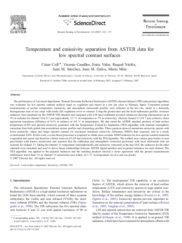 (PDF) Temperature and emissivity separation from ASTER data for low spectral contrast surfaces