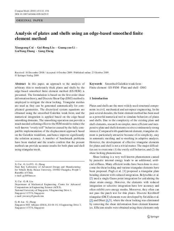 Pdf Analysis Of Plates And Shells Using An Edge Based Smoothed Finite Element Method 6668