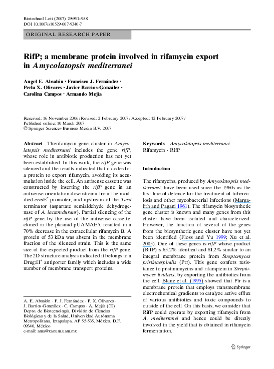 (PDF) RifP; a membrane protein involved in rifamycin export in ...