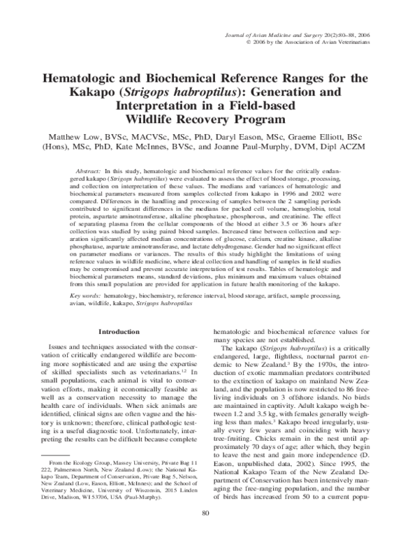 (PDF) Hematologic and Biochemical Reference Ranges for the Kakapo ...
