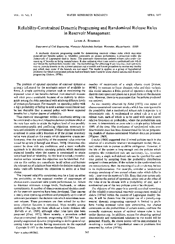 Pdf Reliability Constrained Dynamic Programing And Randomized Release Rules In Reservoir