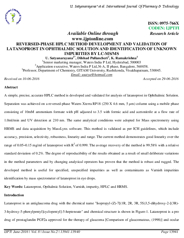 (PDF) REVERSED-PHASE HPLC METHOD DEVELOPMENT AND VALIDATION OF LATANOPROST IN OPHTHALMIC ...