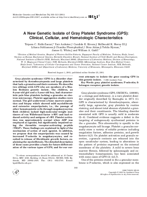 (PDF) A New Genetic Isolate of Gray Platelet Syndrome (GPS): Clinical ...
