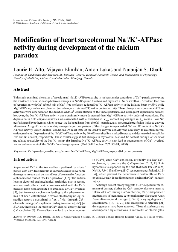 (PDF) Modification of heart sarcolemmal Na+/K+ATPase activity during development of the calcium ...