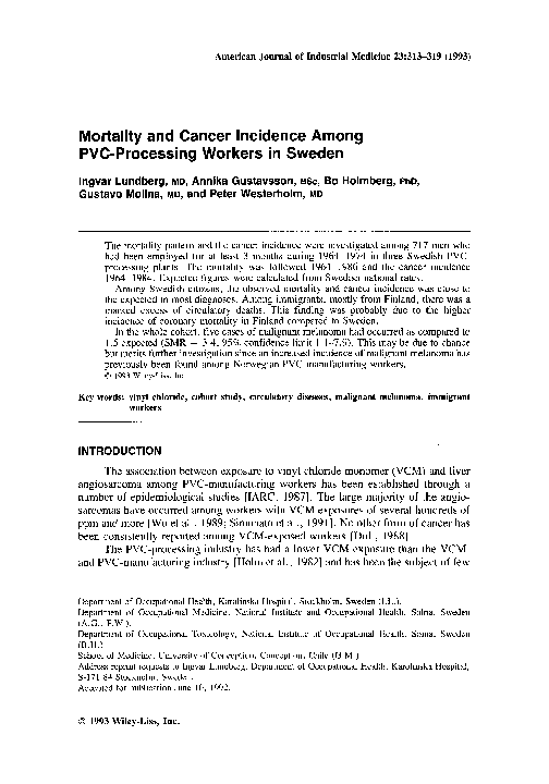 (PDF) Mortality and cancer incidence among PVC-processing workers in Sweden