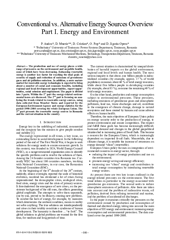 (PDF) Conventional vs. alternative energy sources overview. Part I ...