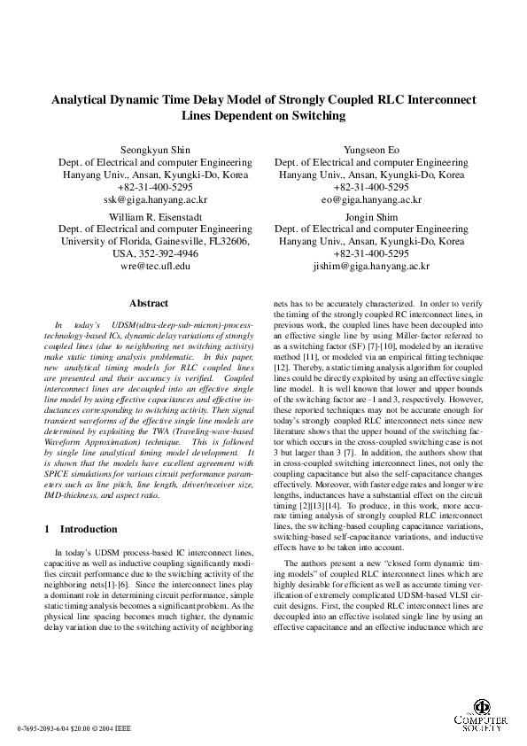 (PDF) Analytical dynamic time delay model of strongly coupled RLC interconnect lines dependent ...