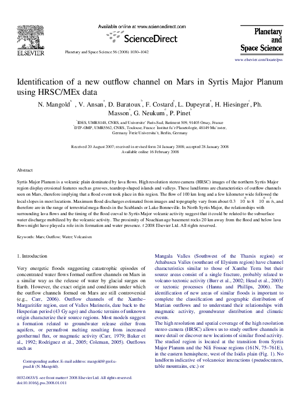 (PDF) Identification of a new outflow channel on Mars in Syrtis Major ...