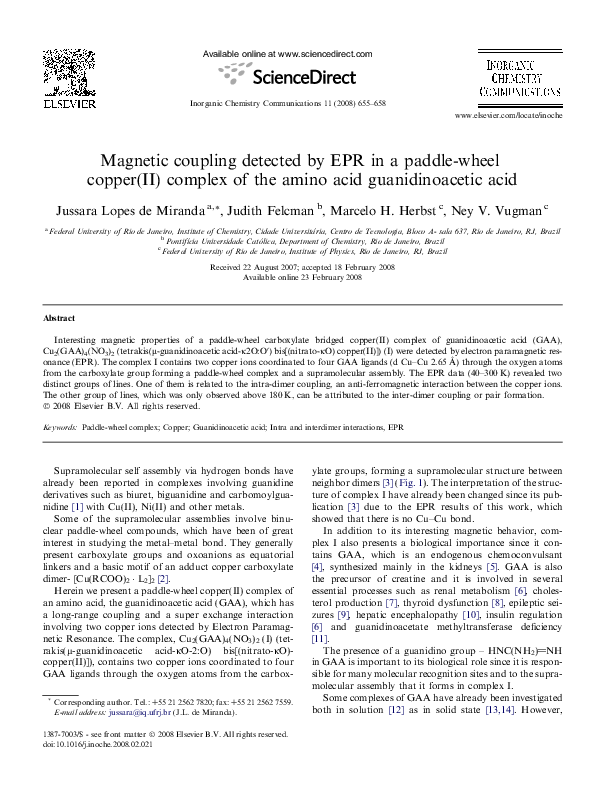 (PDF) Magnetic coupling detected by EPR in a paddle-wheel copper(II ...