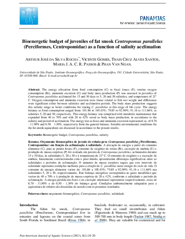 (PDF) Bioenergetic budget of juveniles of fat snook Centropomus ...