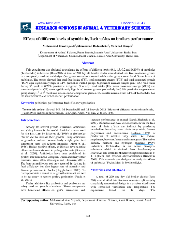 (PDF) Effects of different levels of symbiotic, TechnoMos on broilers ...