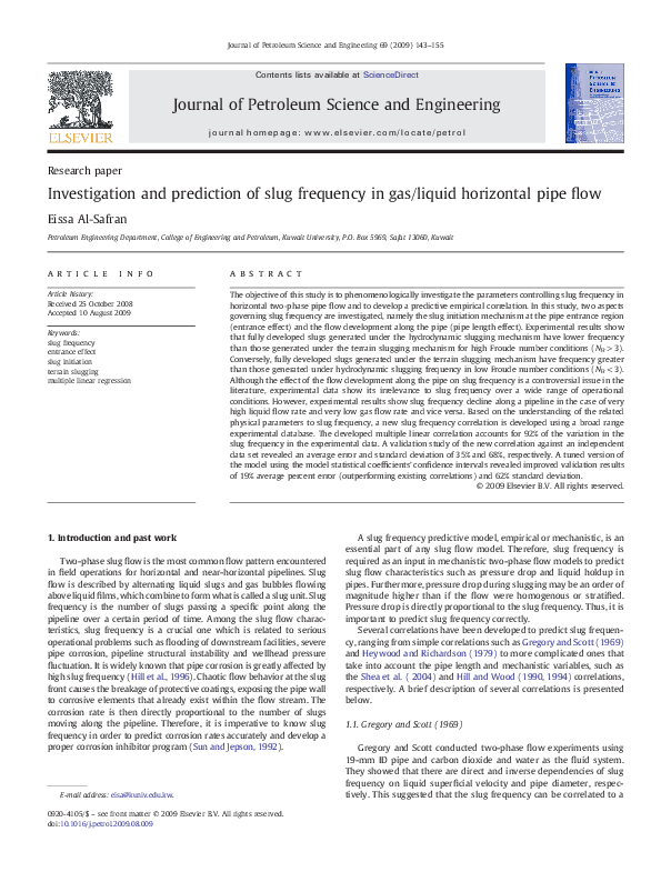 (PDF) Investigation and prediction of slug frequency in gas/liquid horizontal pipe flow