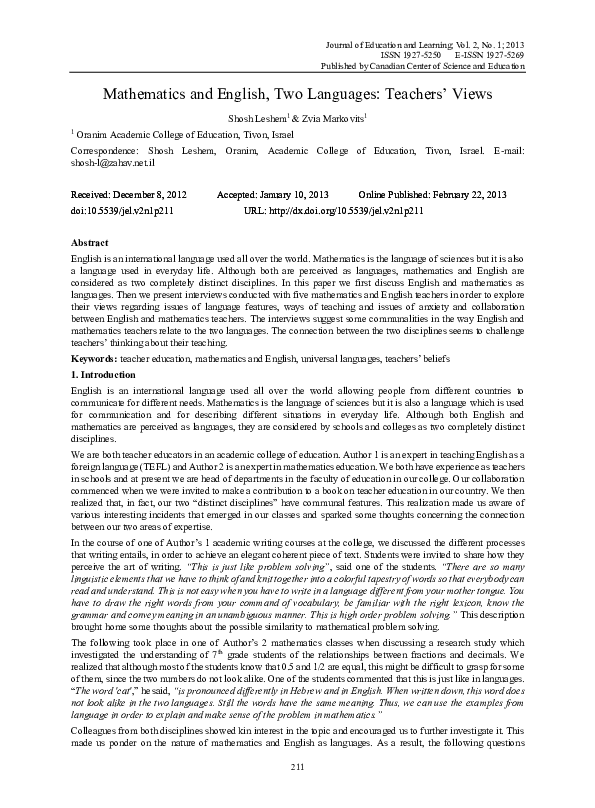 (PDF) Mathematics and English, Two Languages: Teachers’ Views