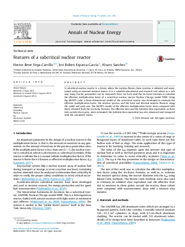 (PDF) Features of a subcritical nuclear reactor
