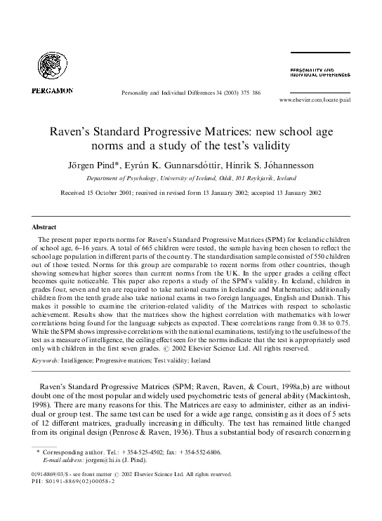 (PDF) Raven's Standard Progressive Matrices: new school age norms and a ...