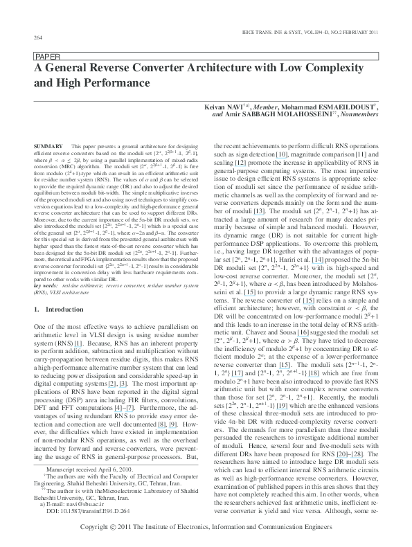 (PDF) A General Reverse Converter Architecture with Low Complexity and High Performance