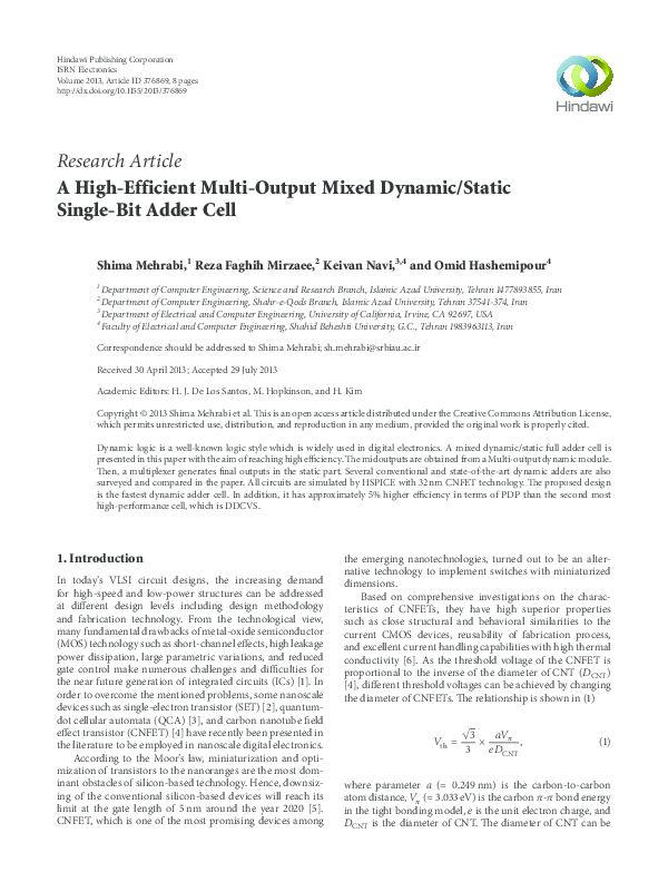 (PDF) A High-Efficient Multi-Output Mixed Dynamic/Static Single-Bit Adder Cell