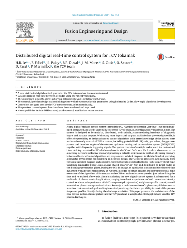 (PDF) Distributed digital real-time control system for TCV tokamak