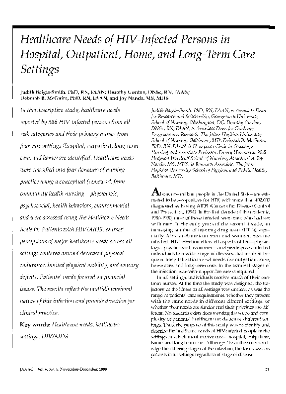 (PDF) Healthcare needs of HIV-infected persons in hospital, outpatient ...