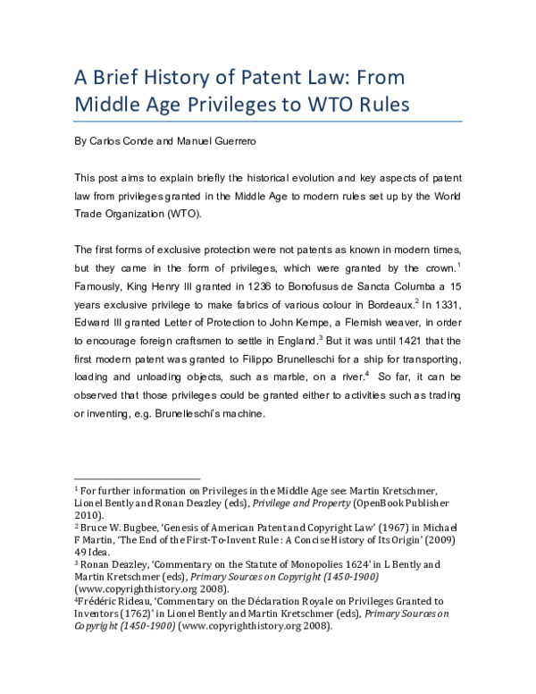(PDF) A Brief History of Patent Law: From Middle Age Privileges to WTO