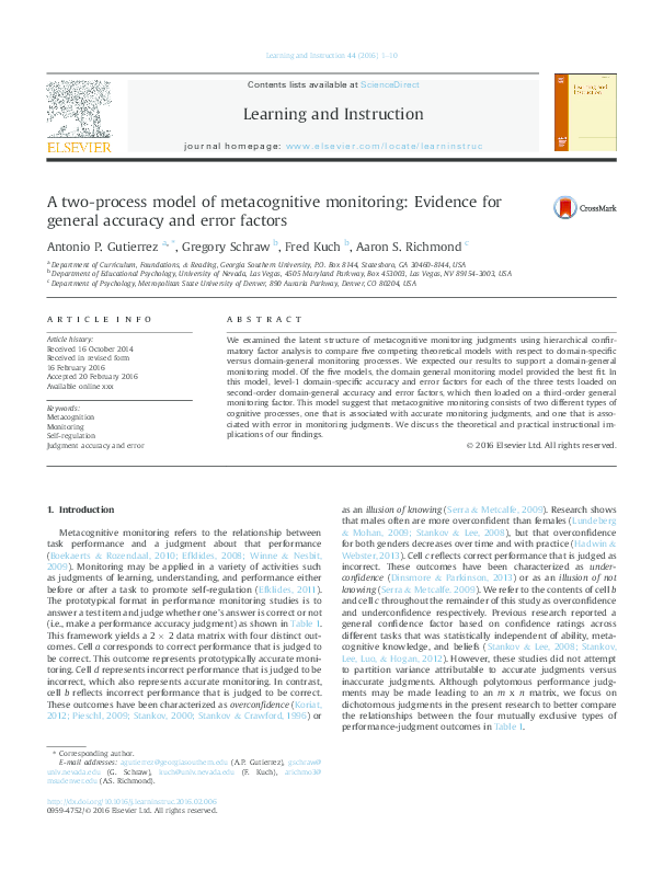 (PDF) A two-process model of metacognitive monitoring: Evidence for general accuracy and error ...