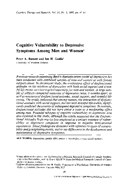 (PDF) Cognitive vulnerability to depressive symptoms among men and women