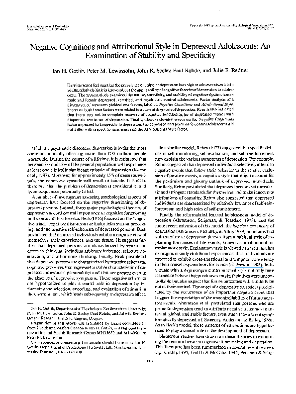 (PDF) Negative cognitions and attributional style in depressed ...