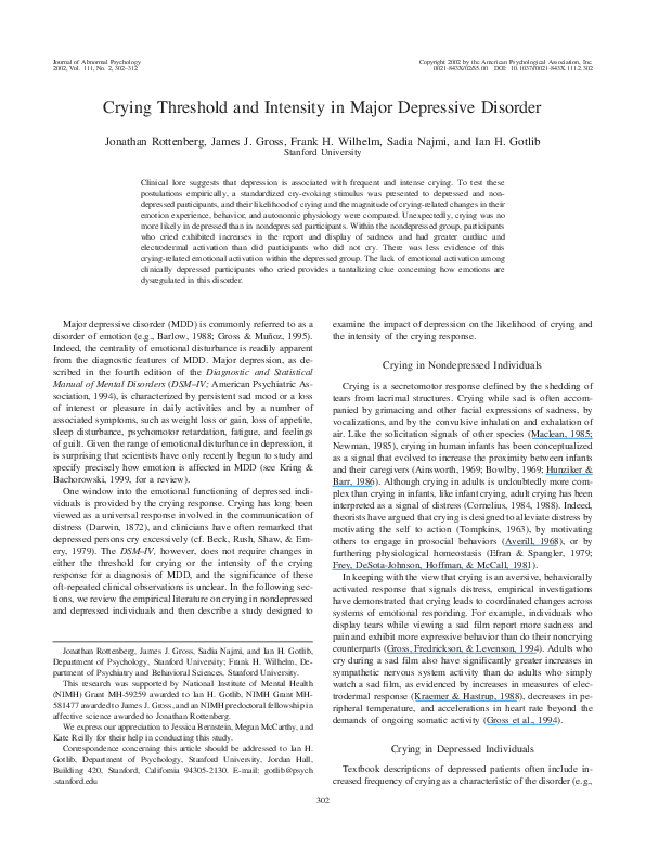 (PDF) Crying threshold and intensity in major depressive disorder | Ian ...