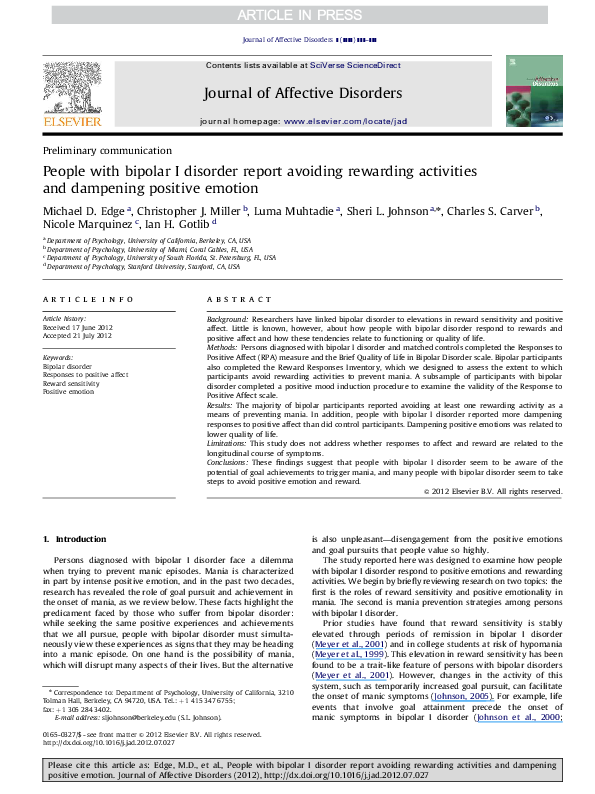(PDF) People with bipolar I disorder report avoiding rewarding ...