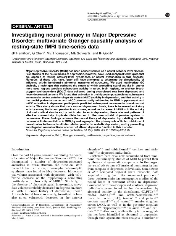 (PDF) Investigating neural primacy in Major Depressive Disorder: multivariate Granger causality ...