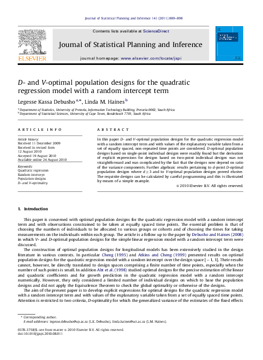 (PDF) D- and V-optimal population designs for the quadratic regression model with a random ...