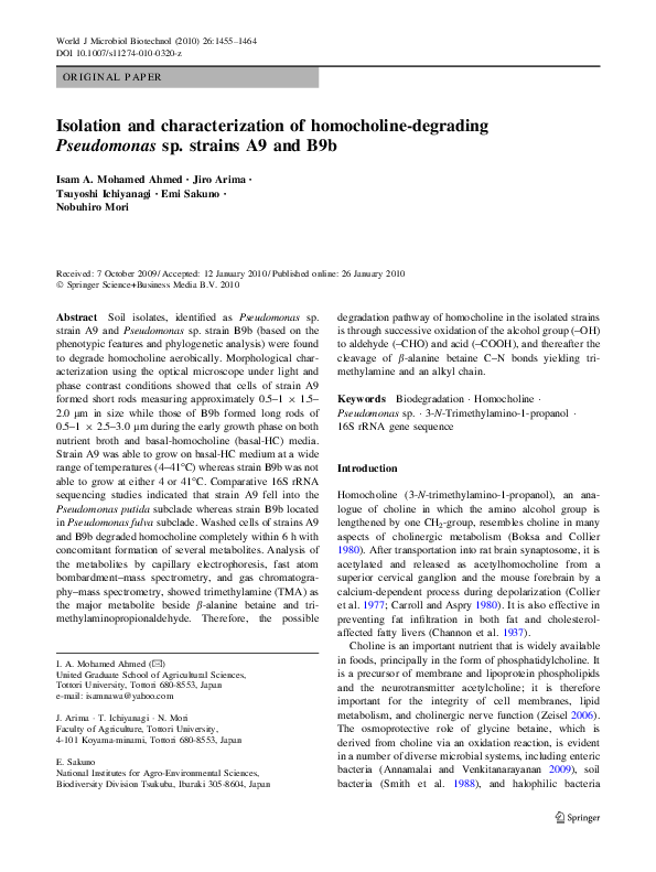 (PDF) Isolation and characterization of homocholine-degrading Pseudomonas sp. strains A9 and B9b