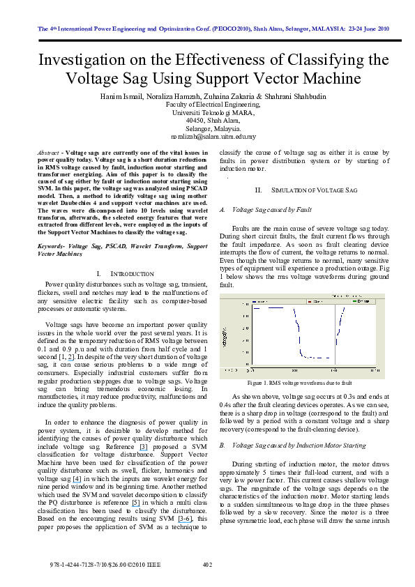 Pdf Investigation On The Effectiveness Of Classifying The Voltage Sag Using Support Vector Machine