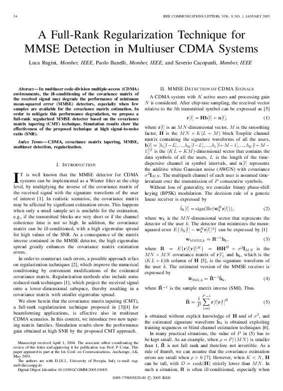 (PDF) A full-rank regularization technique for MMSE detection in multiuser CDMA systems