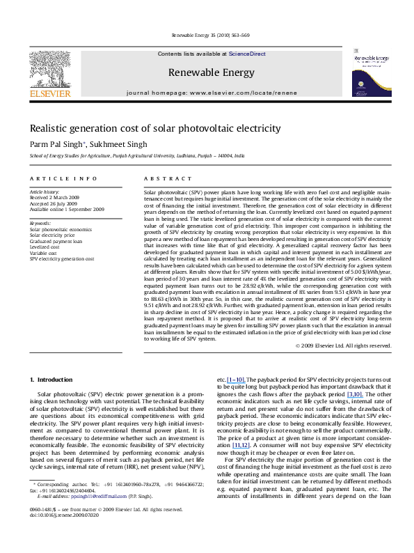 (PDF) Realistic generation cost of solar photovoltaic electricity