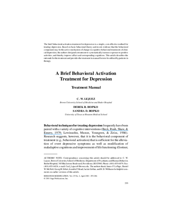 (PDF) A Brief Behavioral Activation Treatment for DepressionTreatment Manual